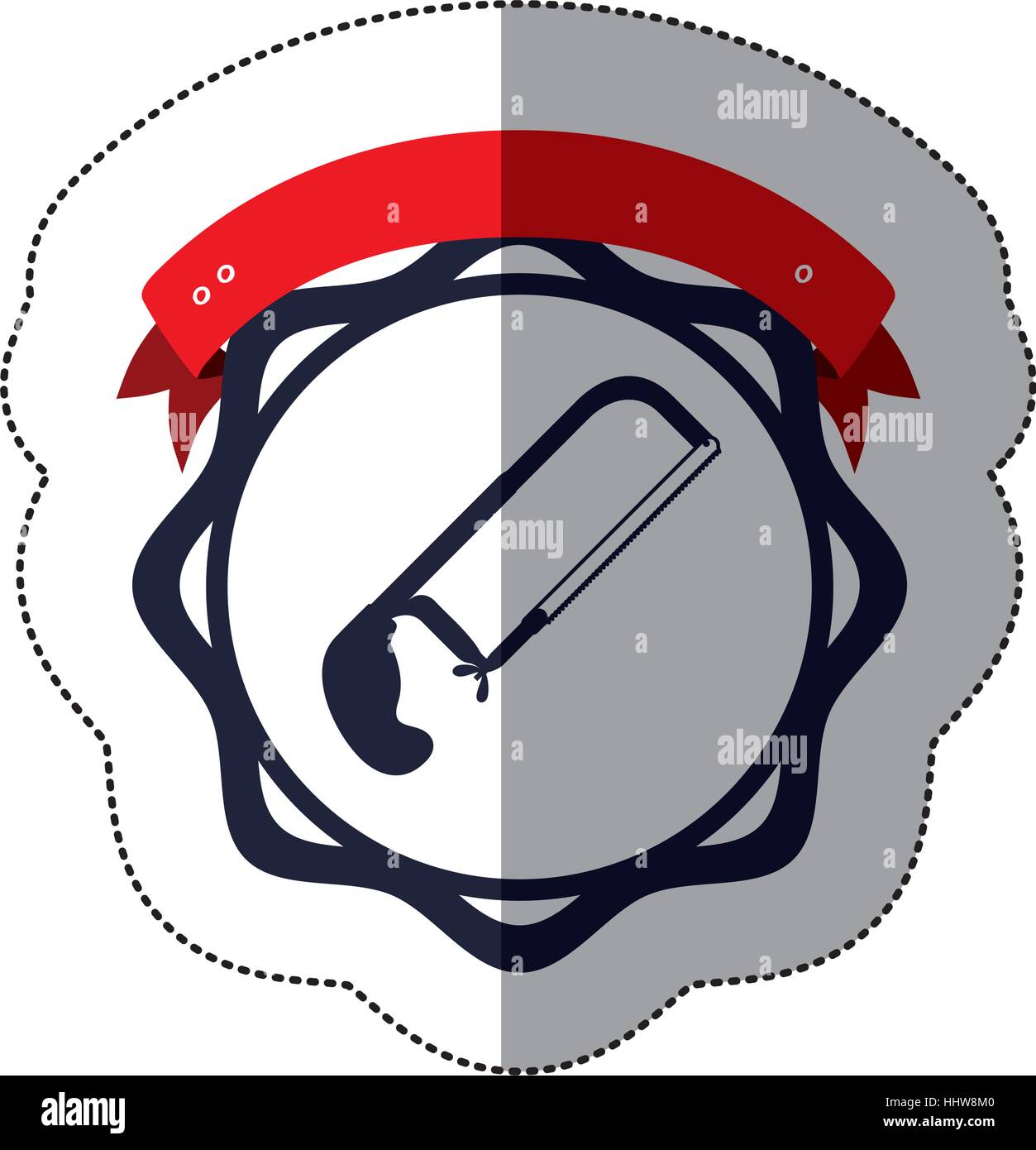 middle shadow sticker with hacksaw between circular shapes and ribbon ...