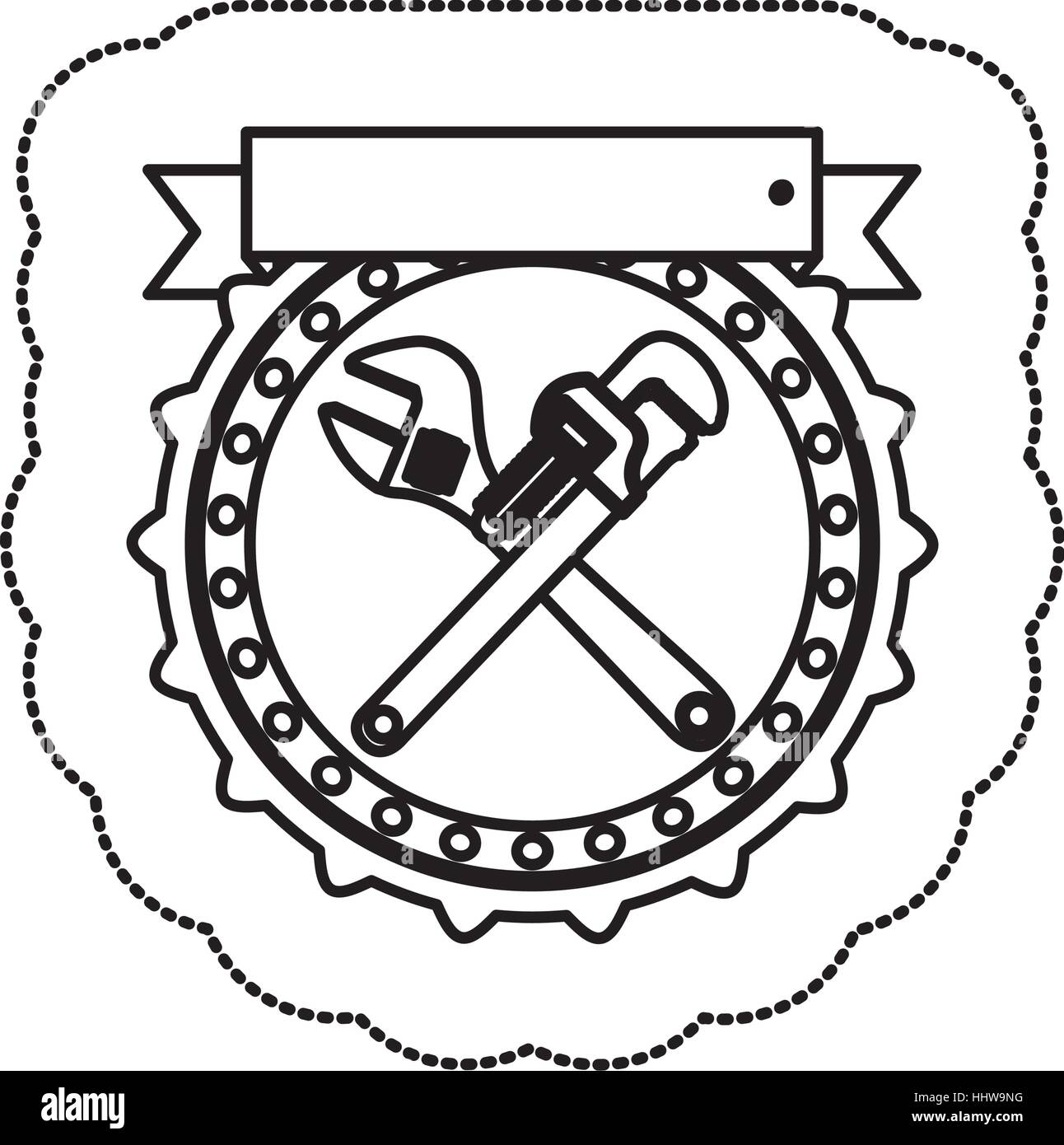 monochrome silhouette sticker with circular frame with crossed wrenches ...