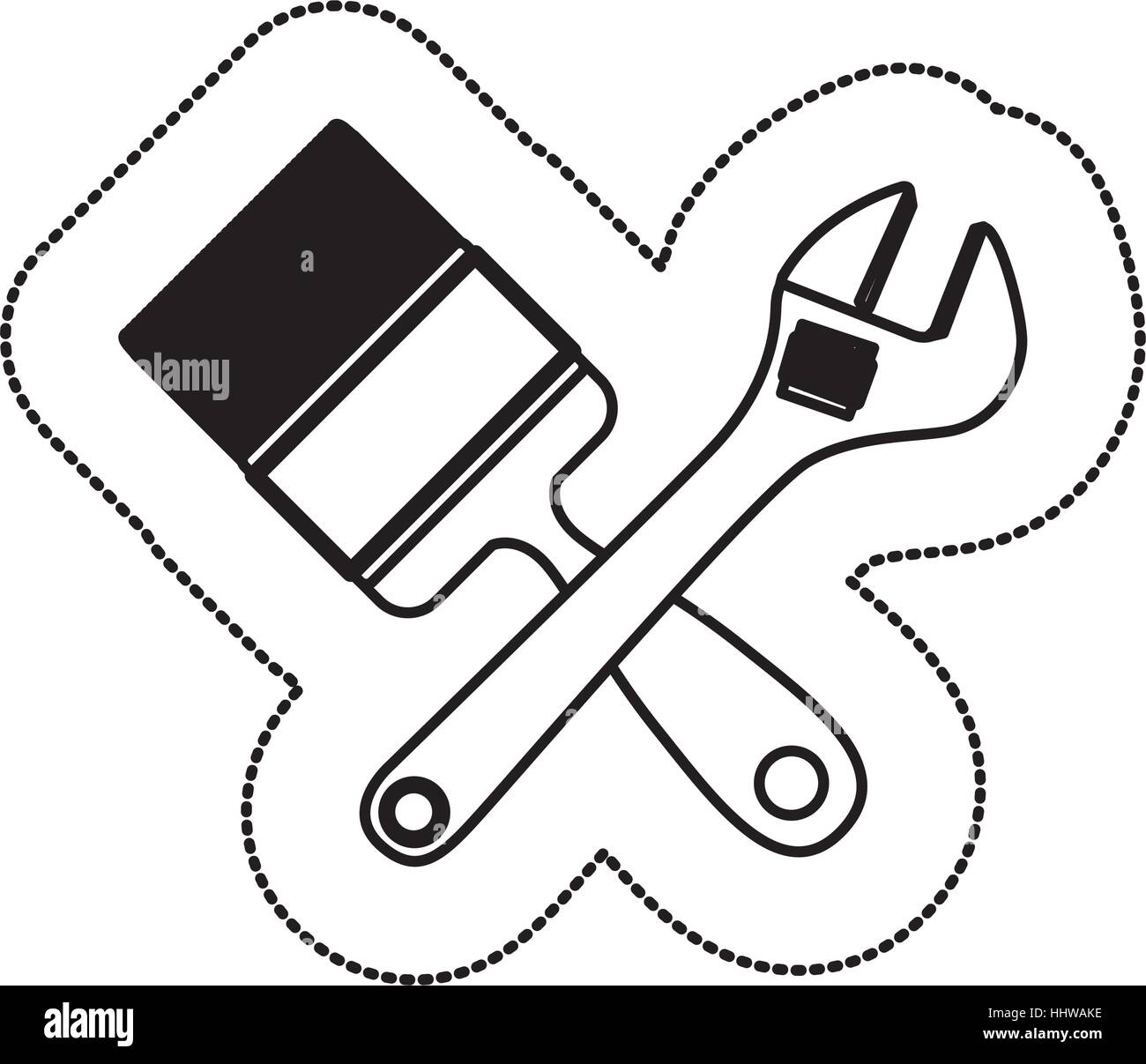 monochrome sticker with paint brush and wrench vector illustration ...