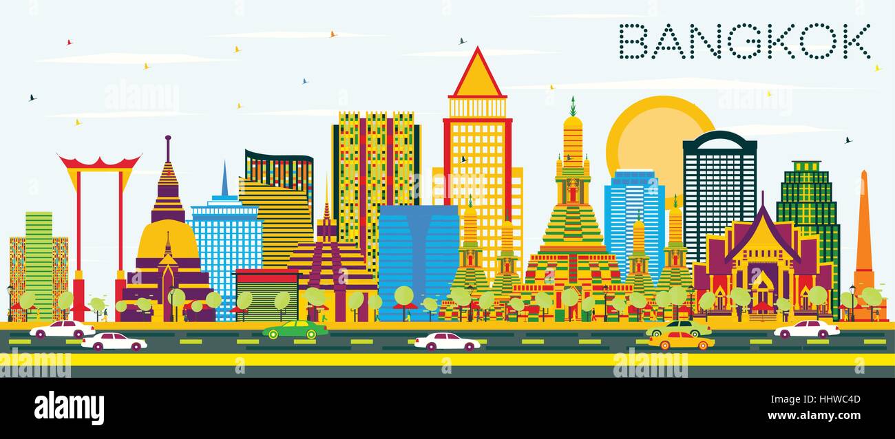 Bangkok Skyline with Color Landmarks and Blue Sky. Vector Illustration ...