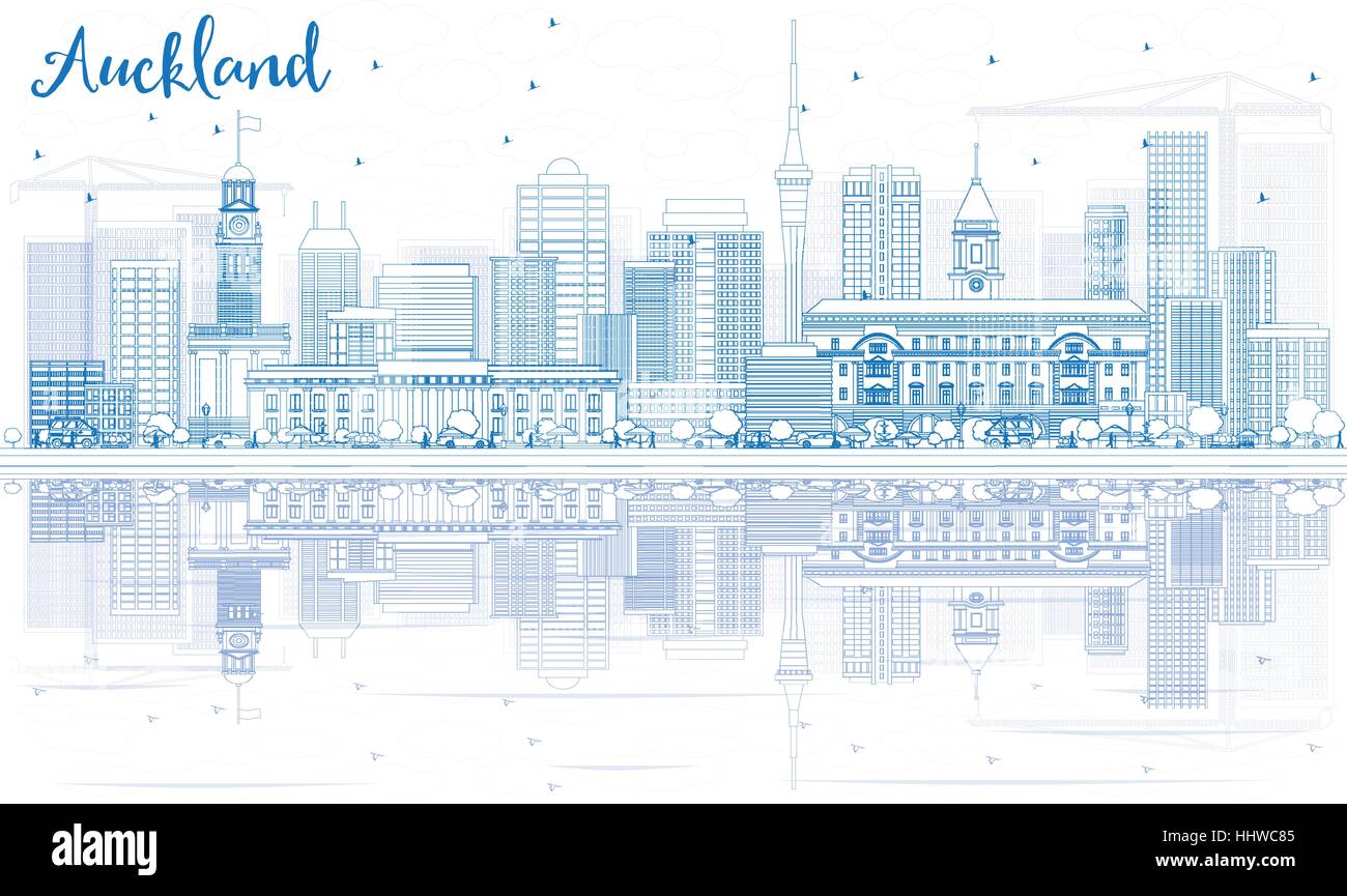 Outline Auckland Skyline with Blue Buildings and Reflections. Vector ...