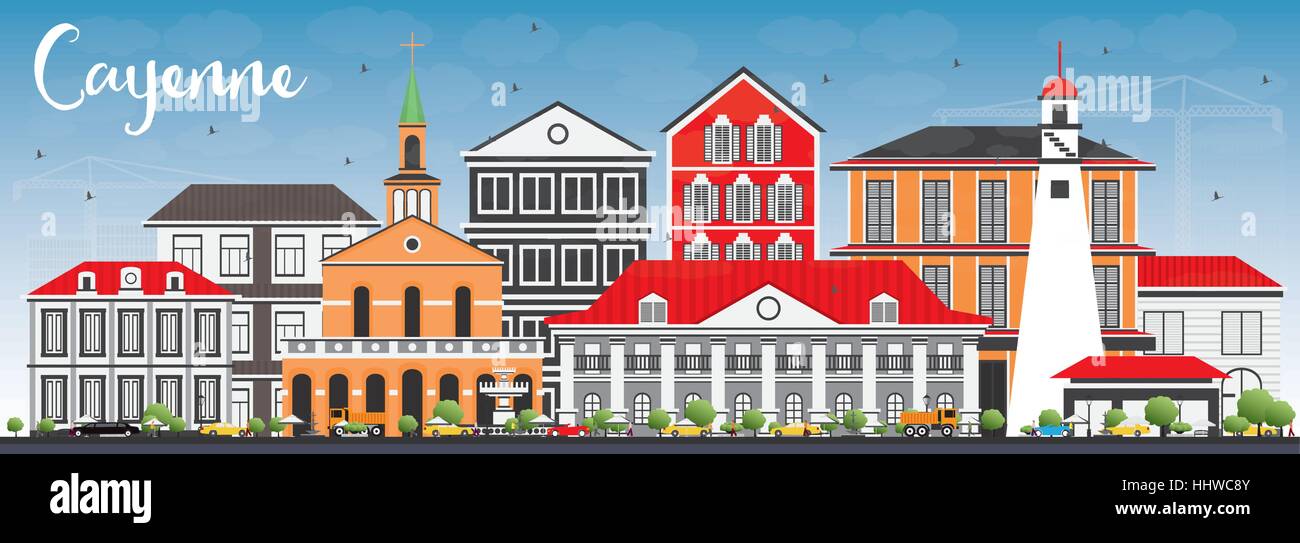 Cayenne Skyline with Color Buildings and Blue Sky. Vector Illustration ...