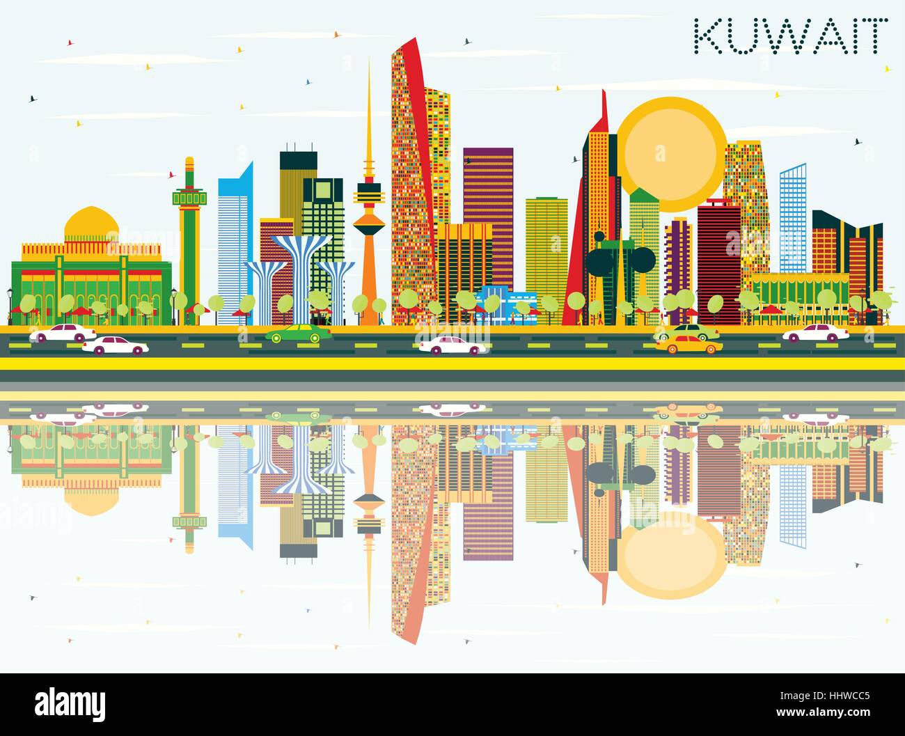 Kuwait Skyline with Color Buildings, Blue Sky and Reflections. Vector Illustration. Business ...