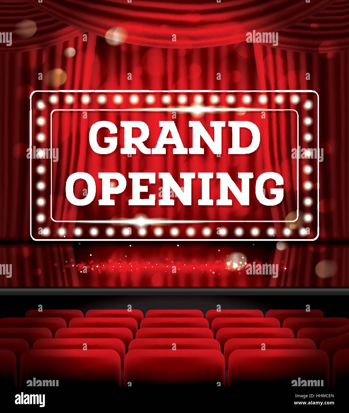 Grand Opening. Open Red Curtains with Neon Lights. Vector Illustration ...