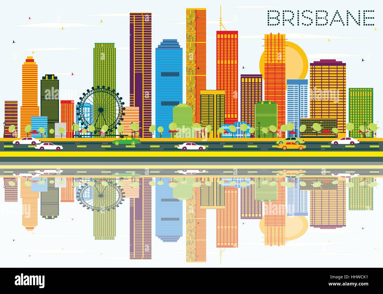 Brisbane Skyline with Color Buildings, Blue Sky and Reflections. Vector ...