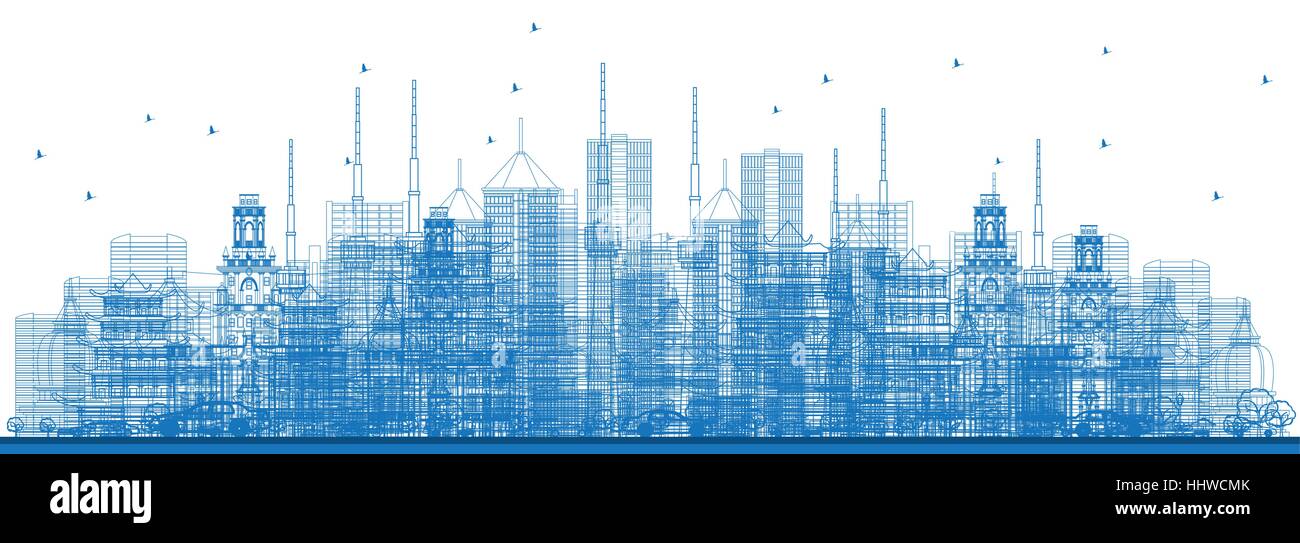 Outline City Skyscrapers and Buildings in Blue Color. Vector ...