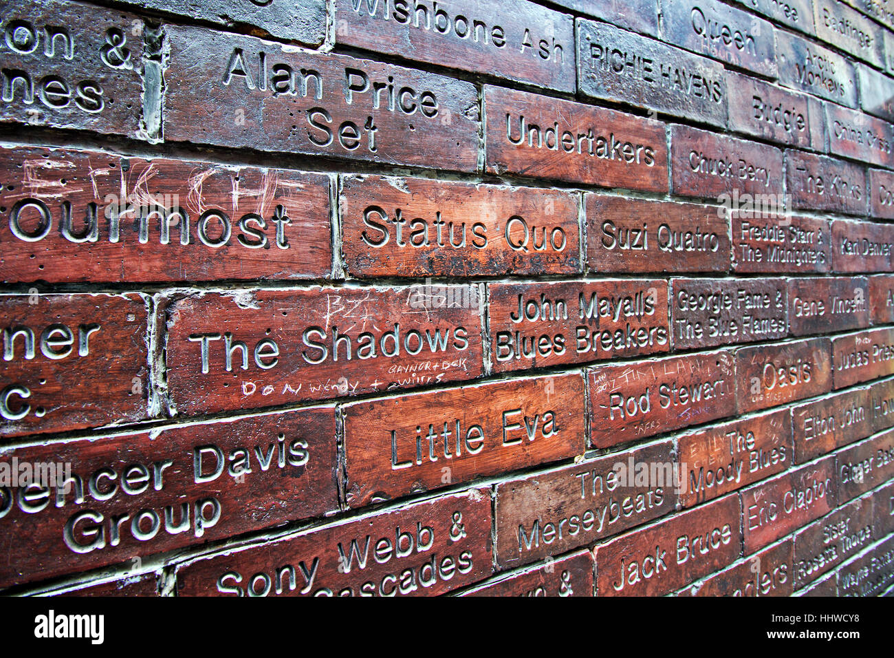 Wall of fame with the name of bands that have played at the Cavern Club ...