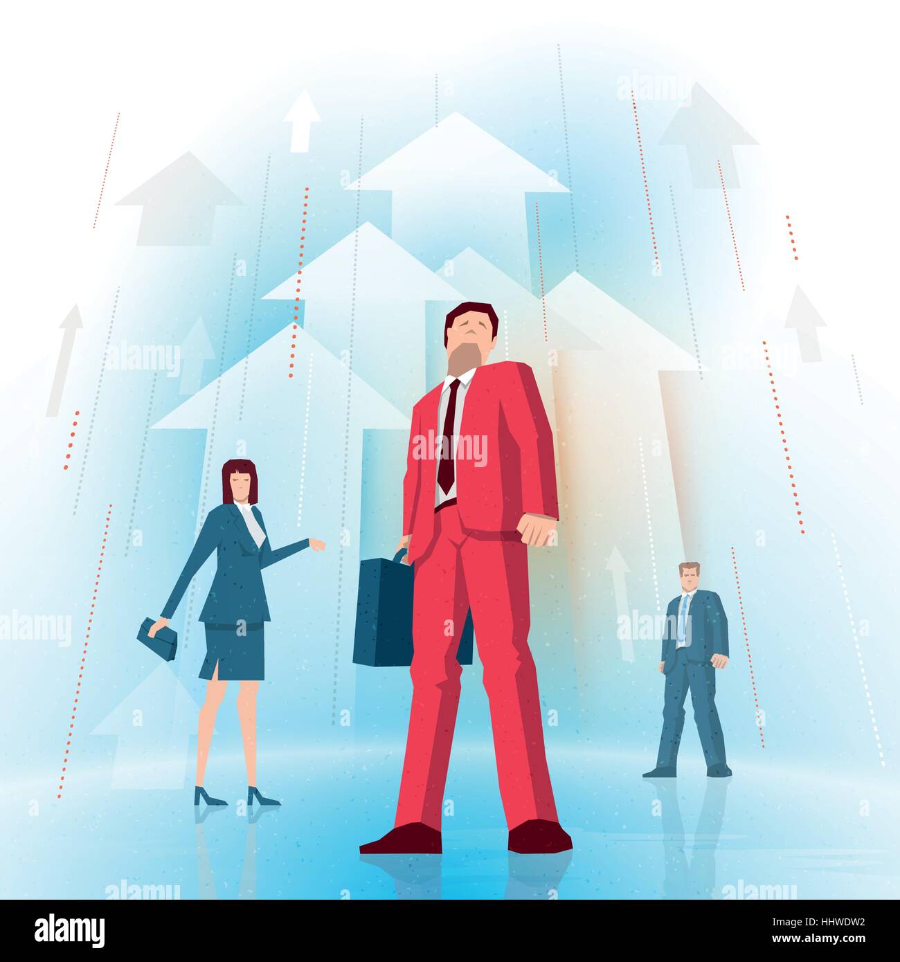 Businessman is standing in front of two business people on rising ...