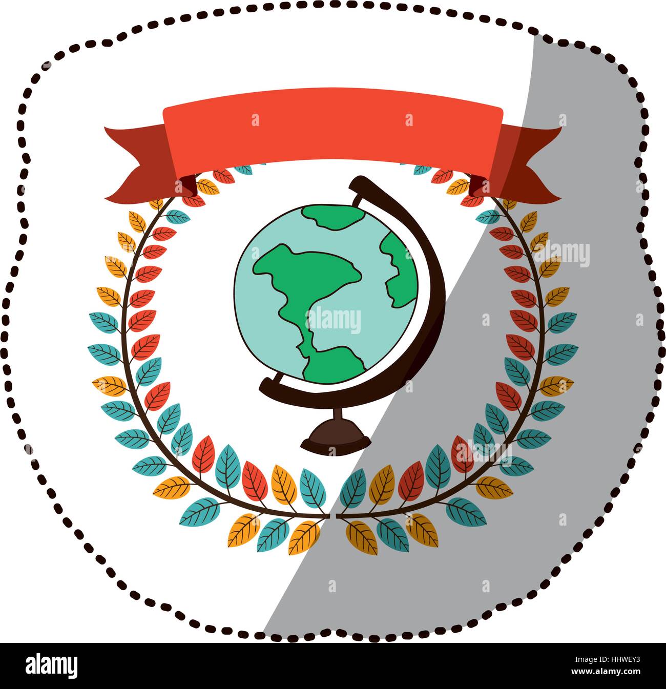 dotted sticker arch of leaves with map of the world vector illustration ...