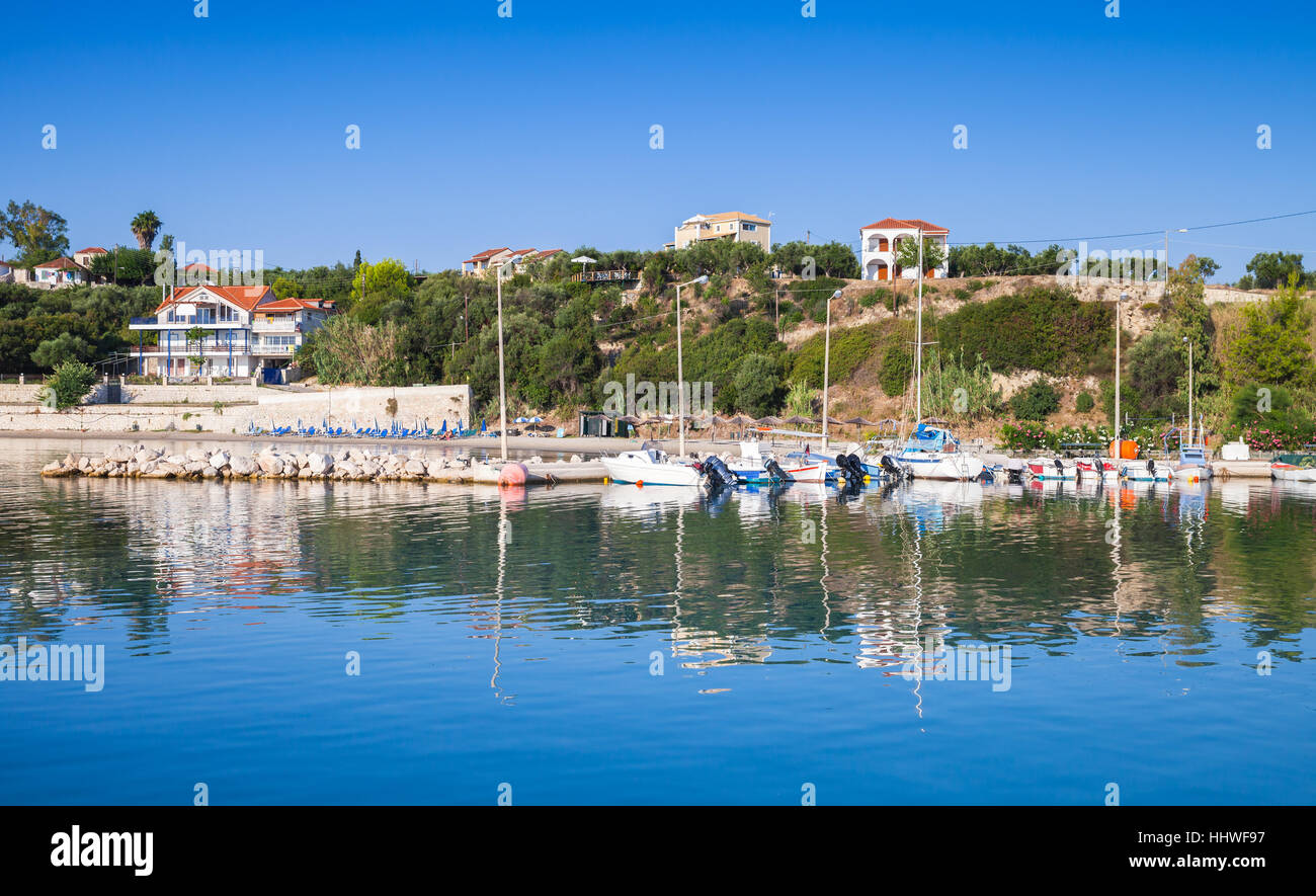 Bouka Beach and port in summer morning, popular touristic resort ...