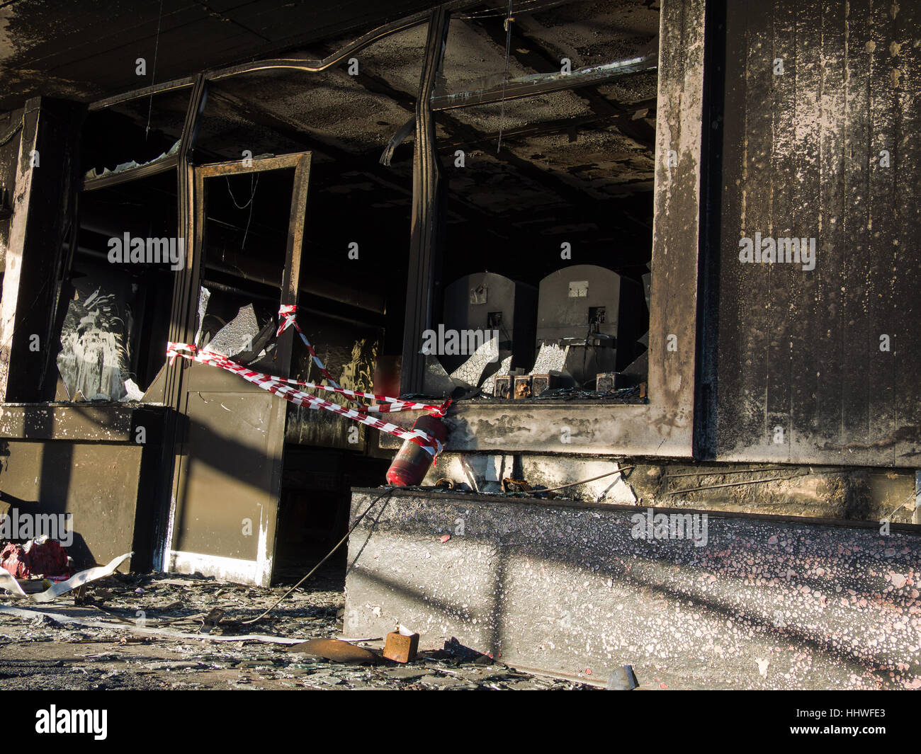 damage and devastation after a fire in a public place Stock Photo - Alamy