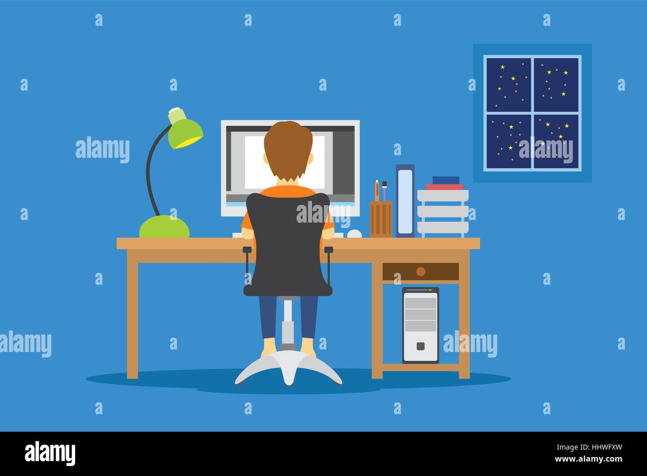 overtime work at night man in the front of computer vector illustration ...