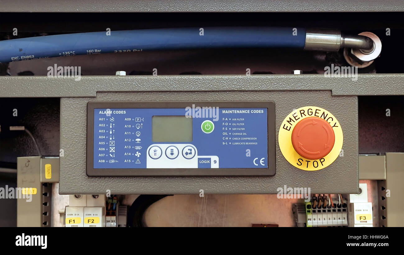 Electric box with emergency stop red button Stock Photo - Alamy