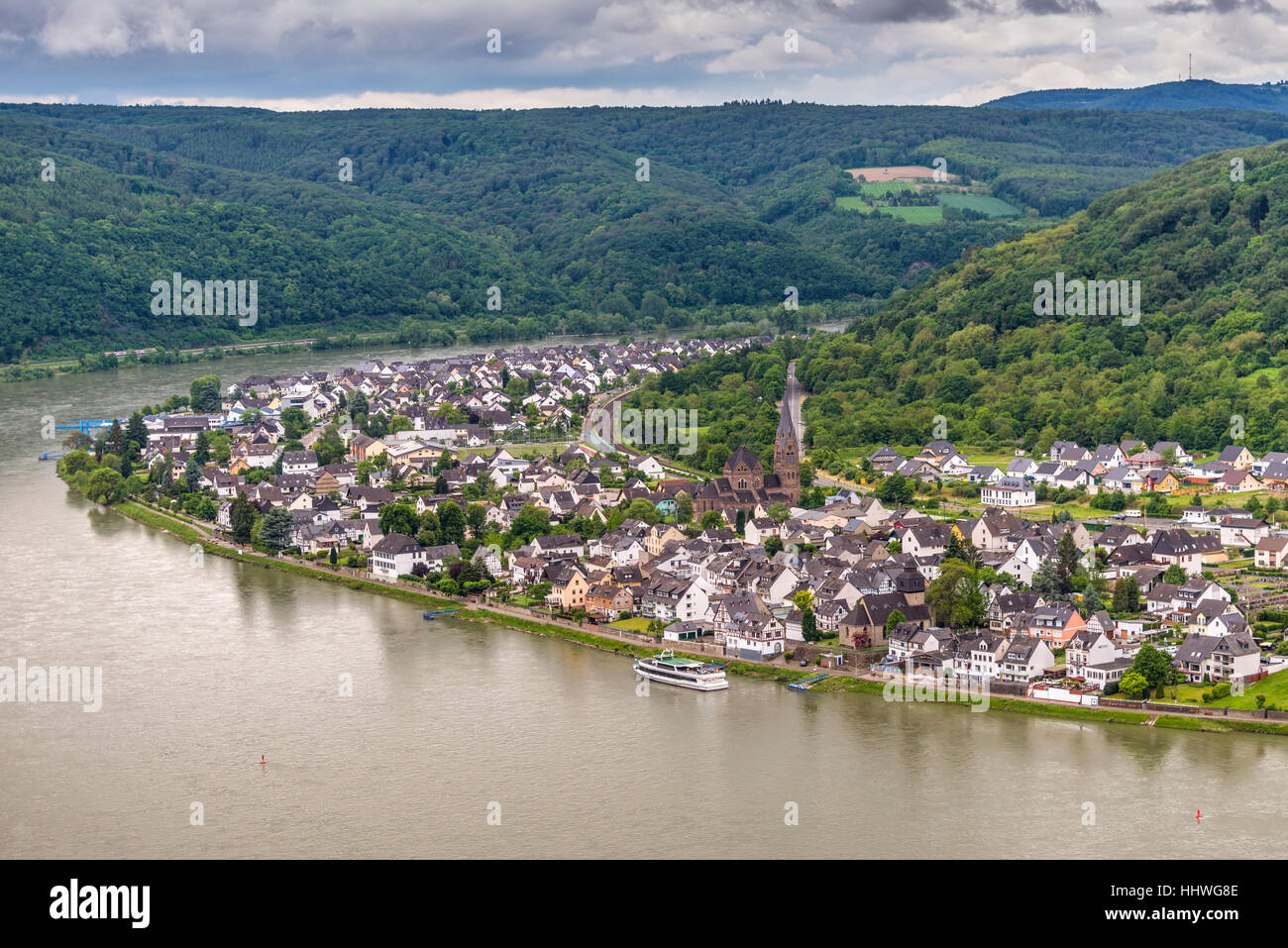 Aerial view of the Spay town on the Rhine River in cloudy weather ...