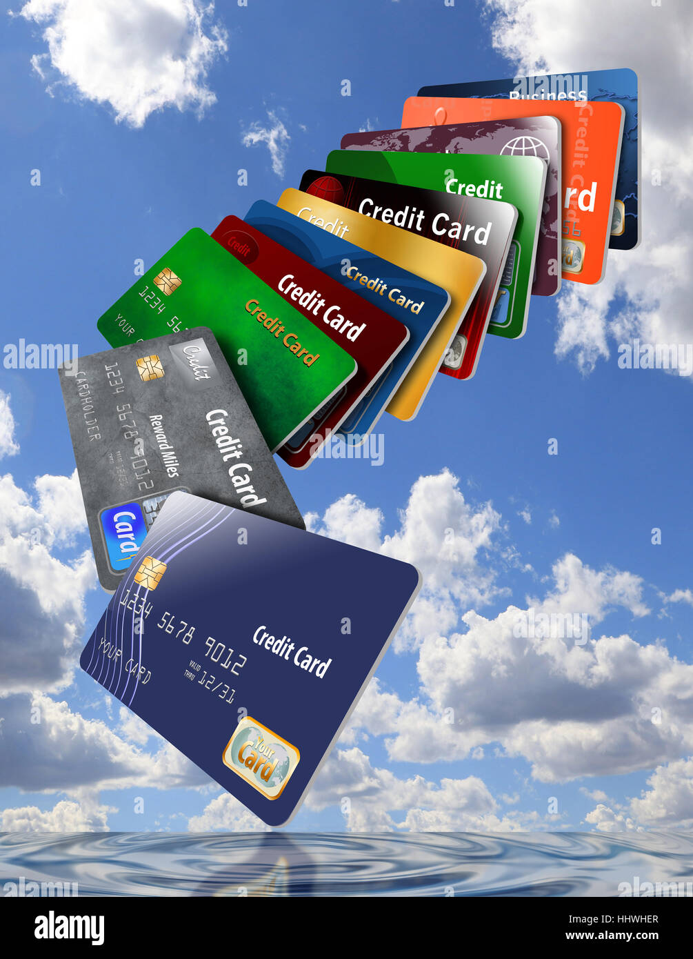 Credit cards, many of them, fanned out and floating, levitating over ...