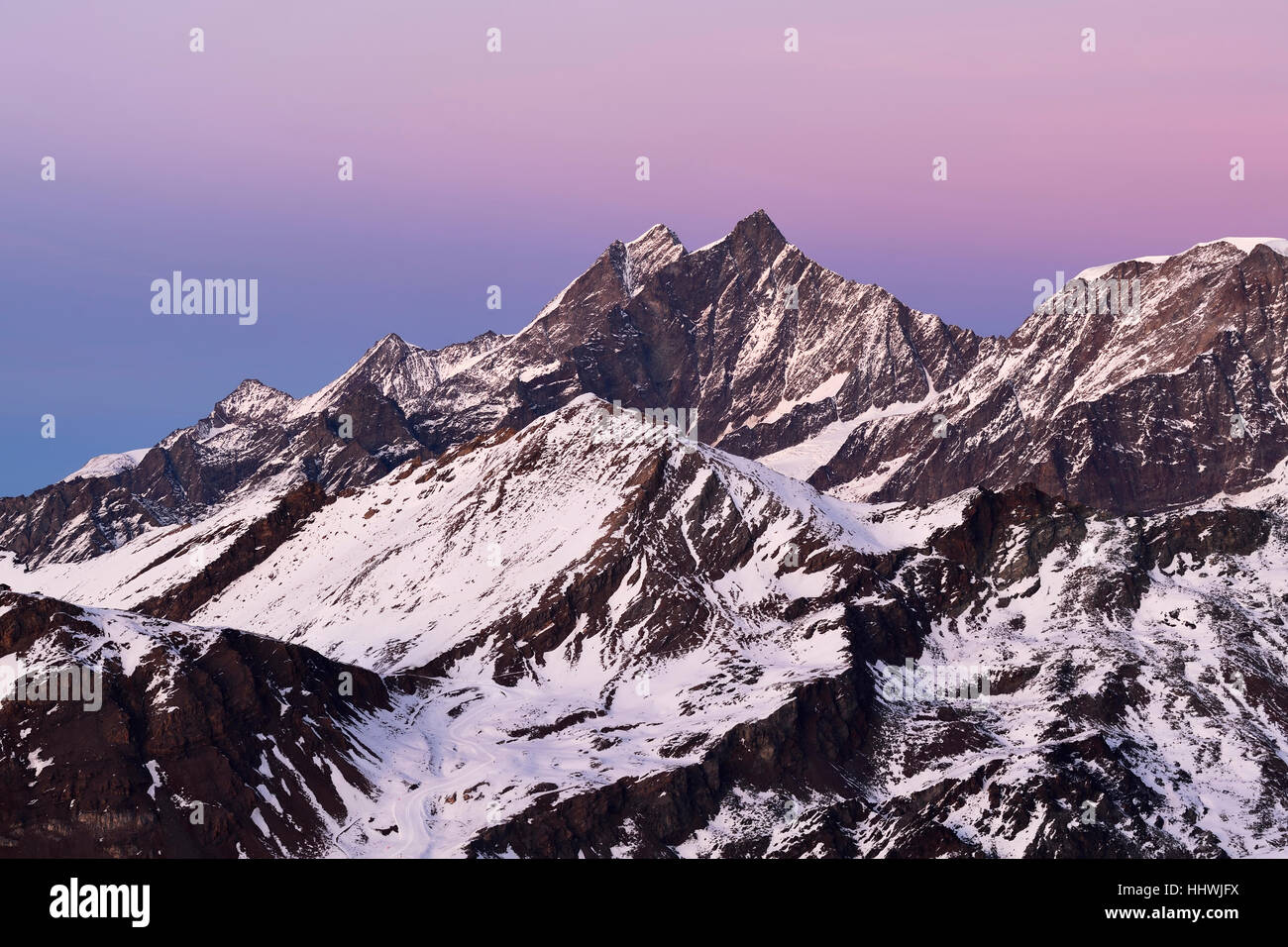 Mountaintop Alphubel, Täschhorn and Dom with snow, blue hour ...