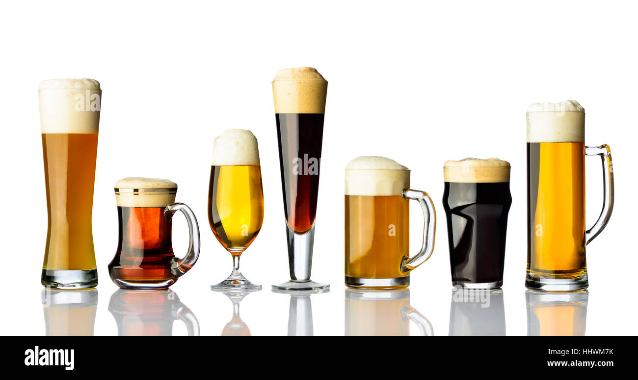 Different types of beer in glasses isolated on white background Stock ...
