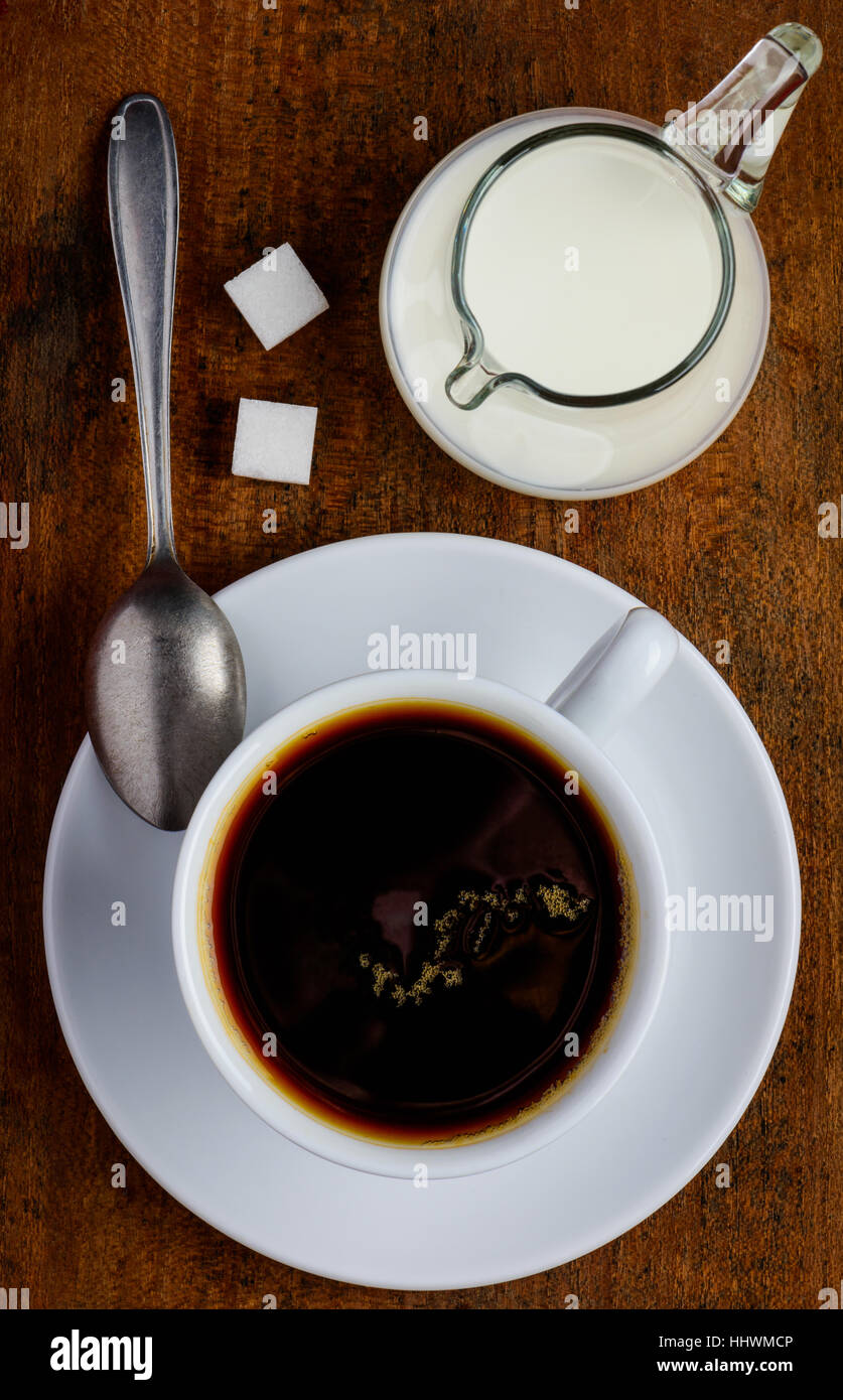 Top-down view of Coffee Cup, Milk and sugar Stock Photo - Alamy