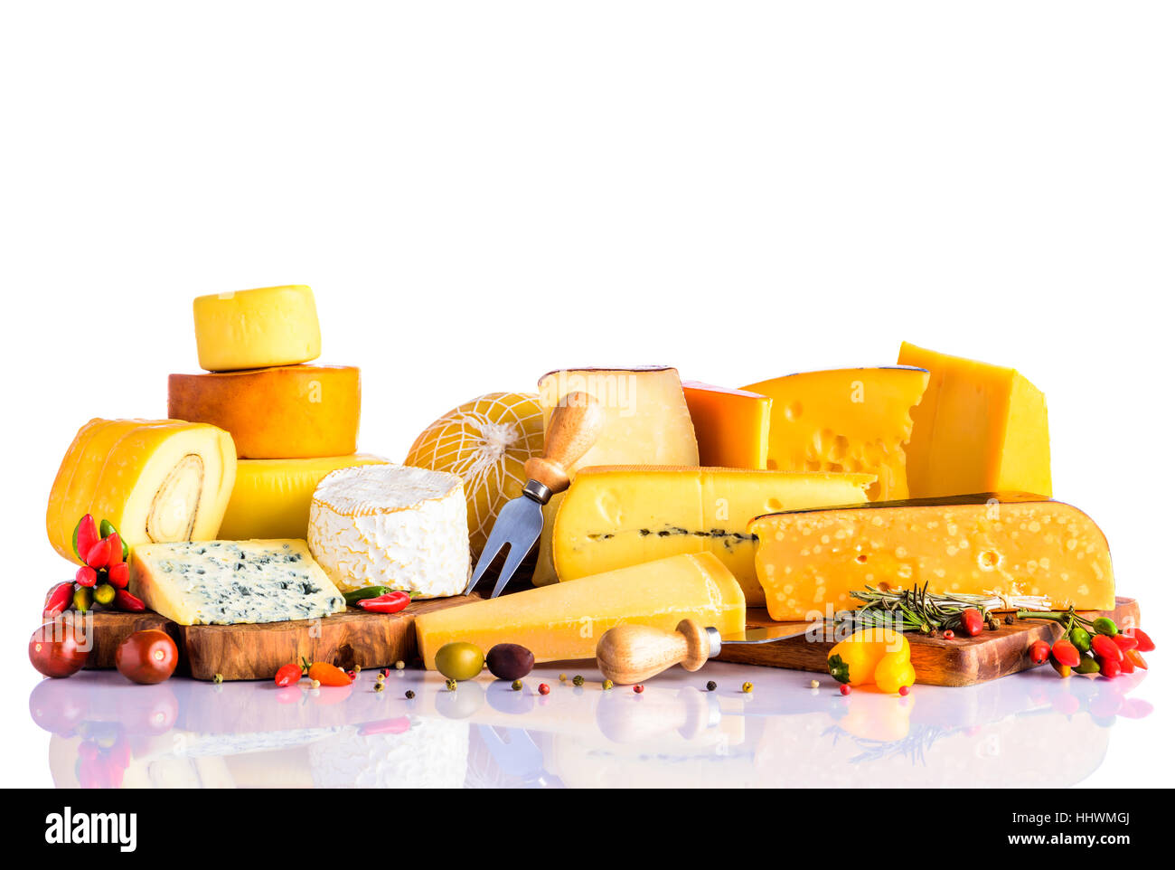 different types of cheese and food isoalted on white background Stock ...