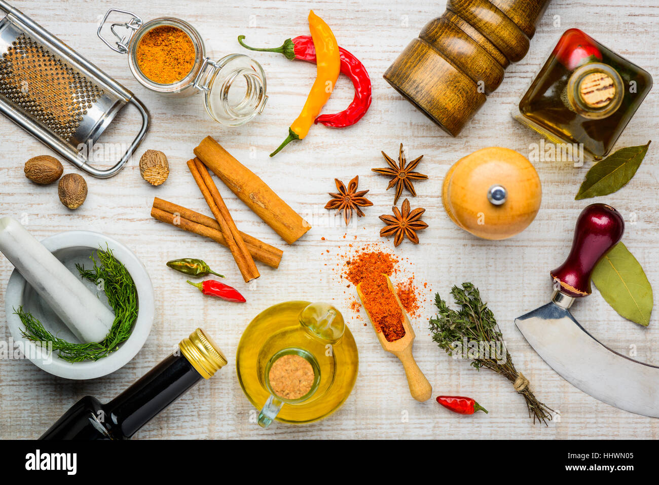 Spices, Food Seasoning and Cooking ingredients with cooking utensils ...
