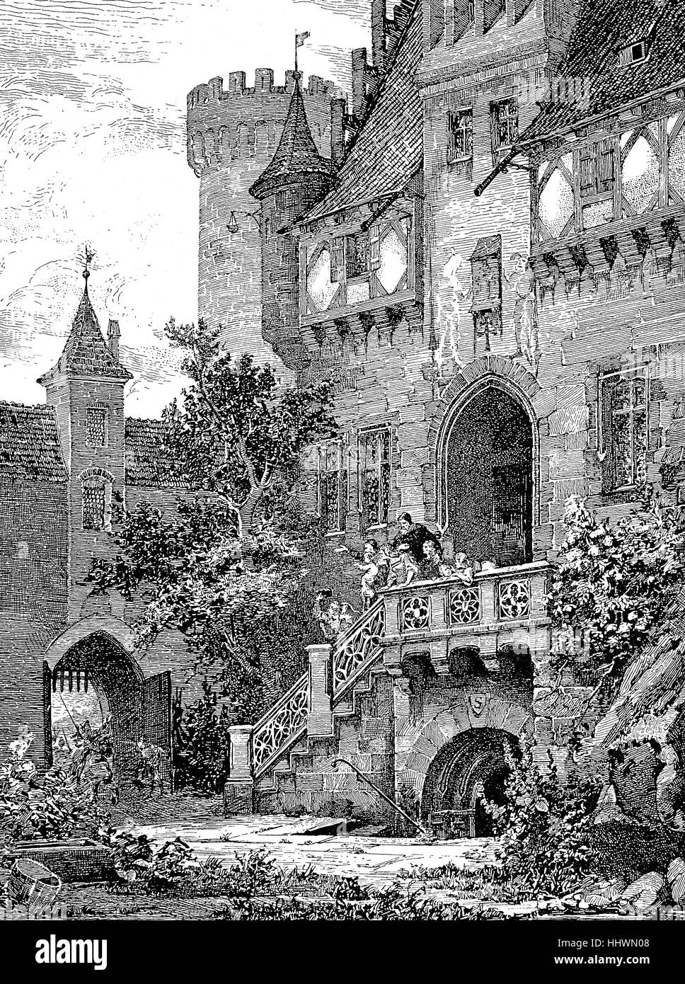 Drawing of the castle courtyard in Rothenburg ob der Tauber, Bavaria ...