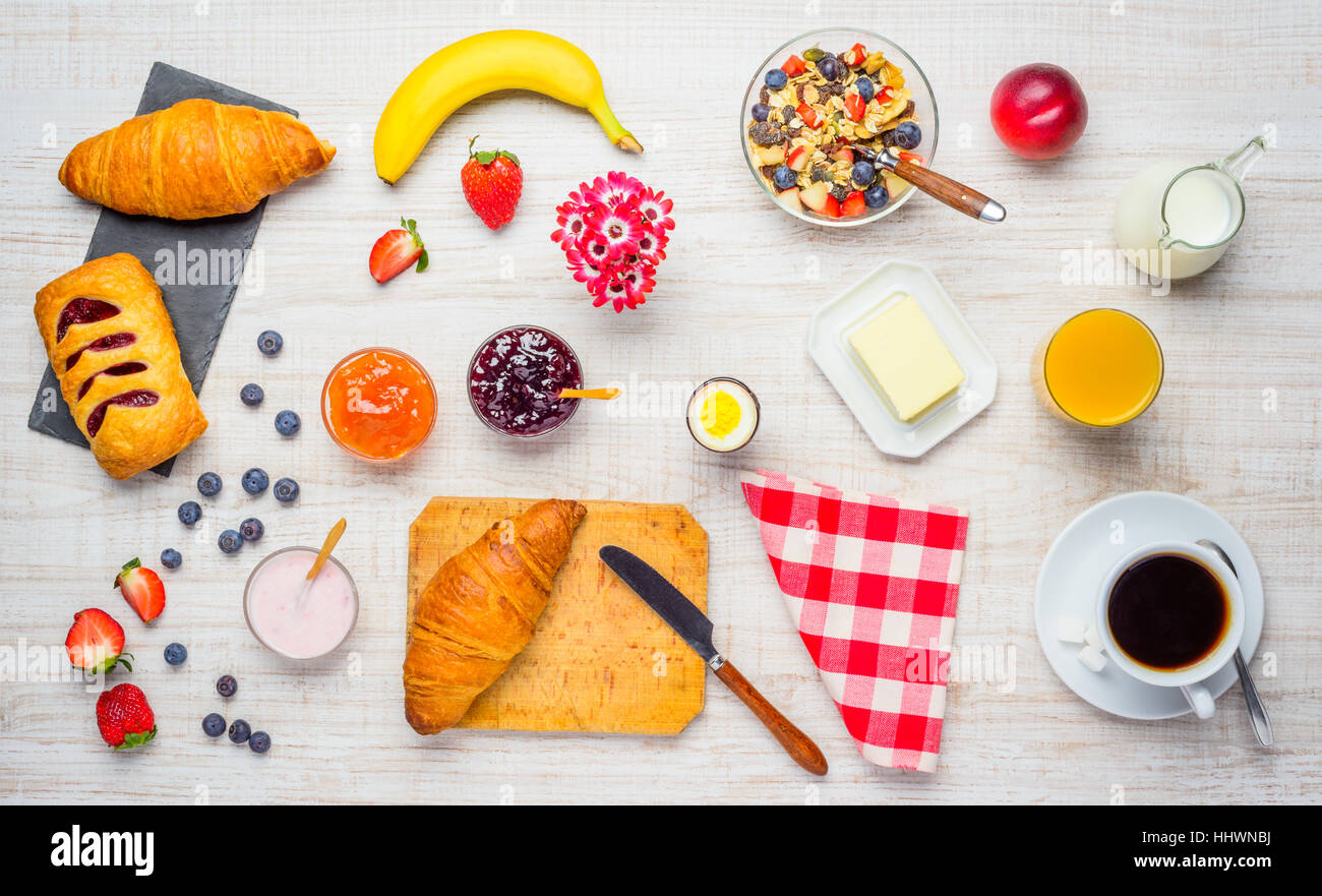 Breakfast with Hot Coffe, croissants milk. Healthy eating Stock Photo ...
