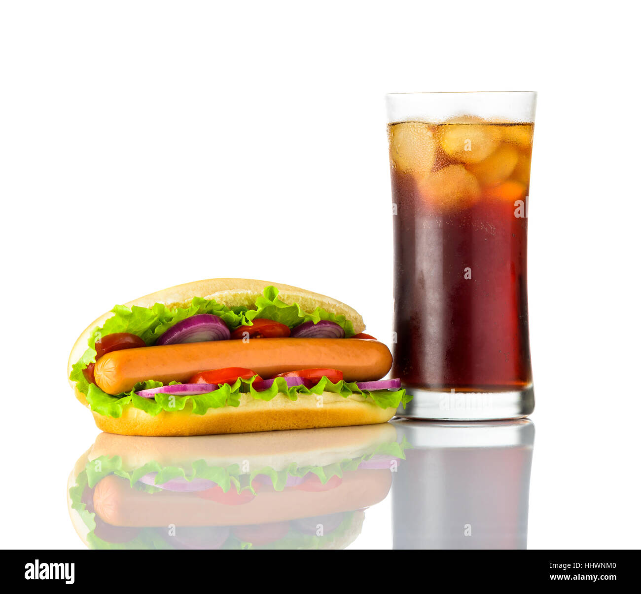 Hot Dog Sandwich with Cold Cola on Ice Isolated on White Background ...