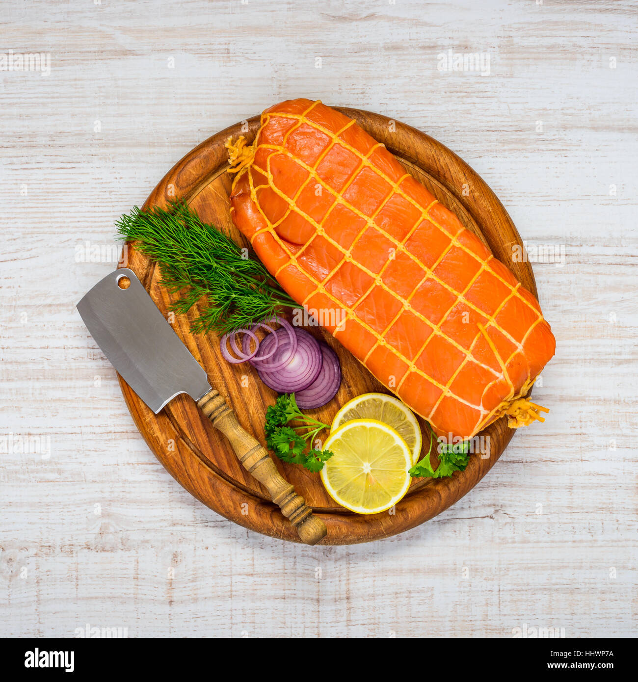 Top View Of Red Smoked Salmon Fish with Lemon and Onion Stock Photo - Alamy
