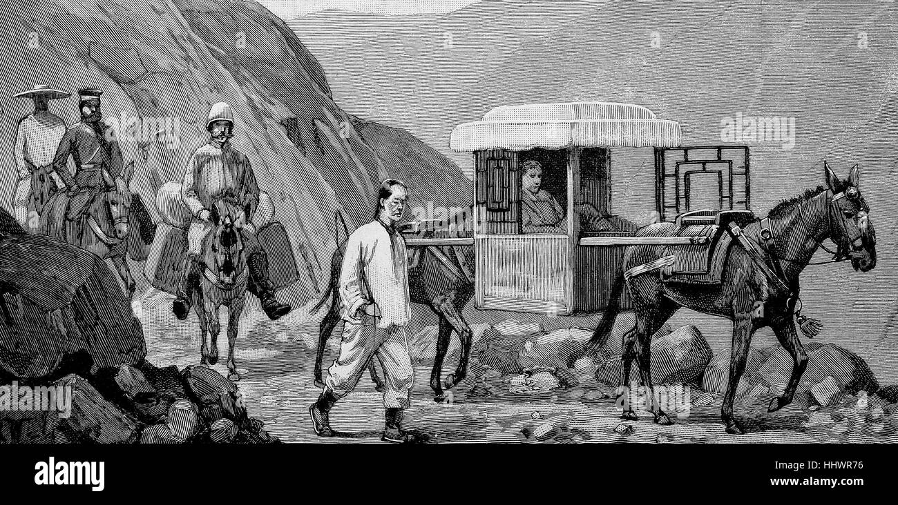 A caravan in Mongolia, a palanquin carried by horses and riders with ...