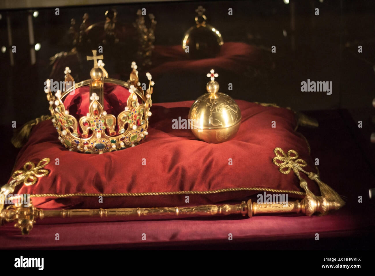 Luxury crown jewelry on red satin, castle, Slovakia Stock Photo - Alamy