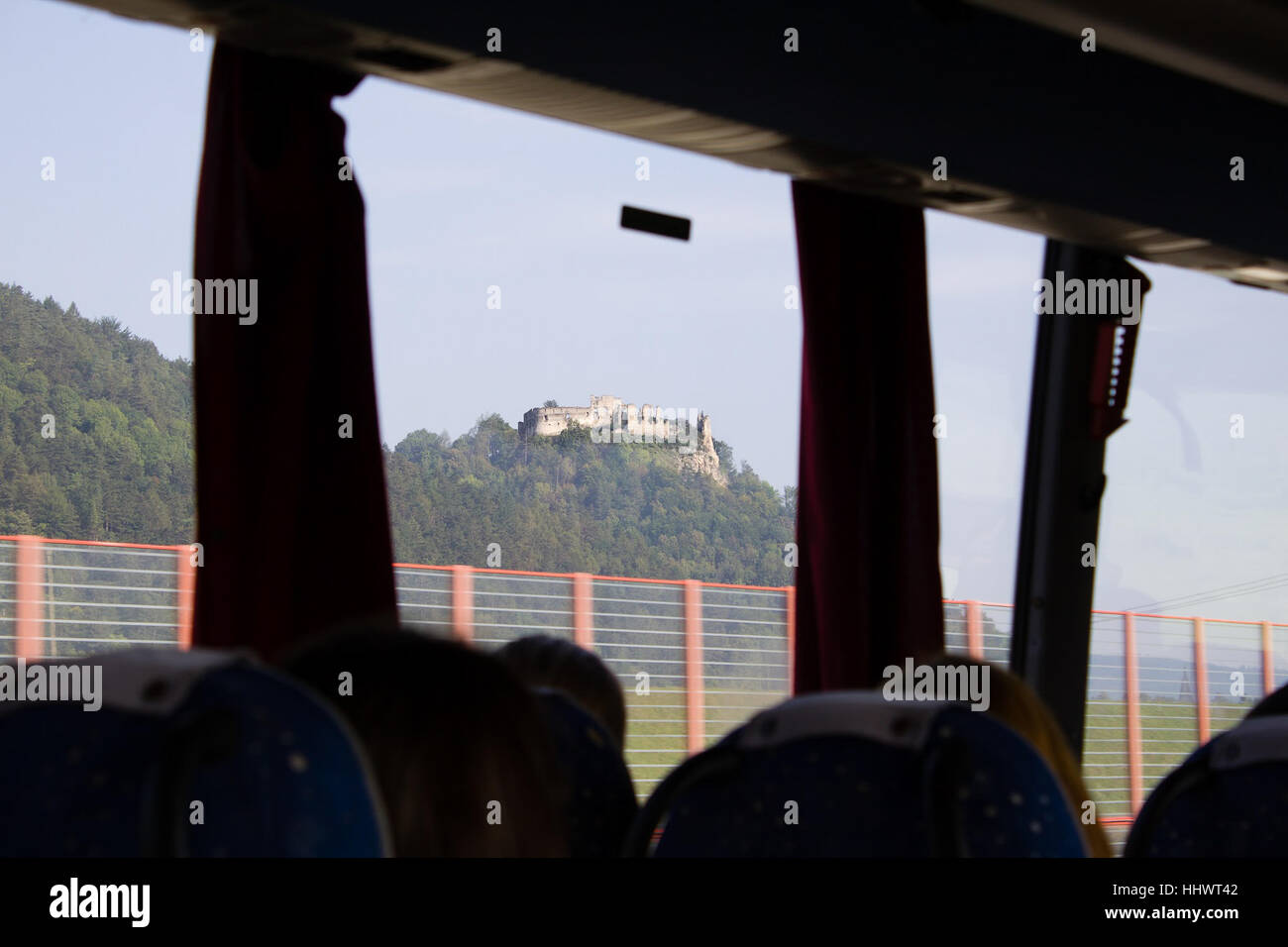 View of old castle on bus trip through bus window Stock Photo - Alamy