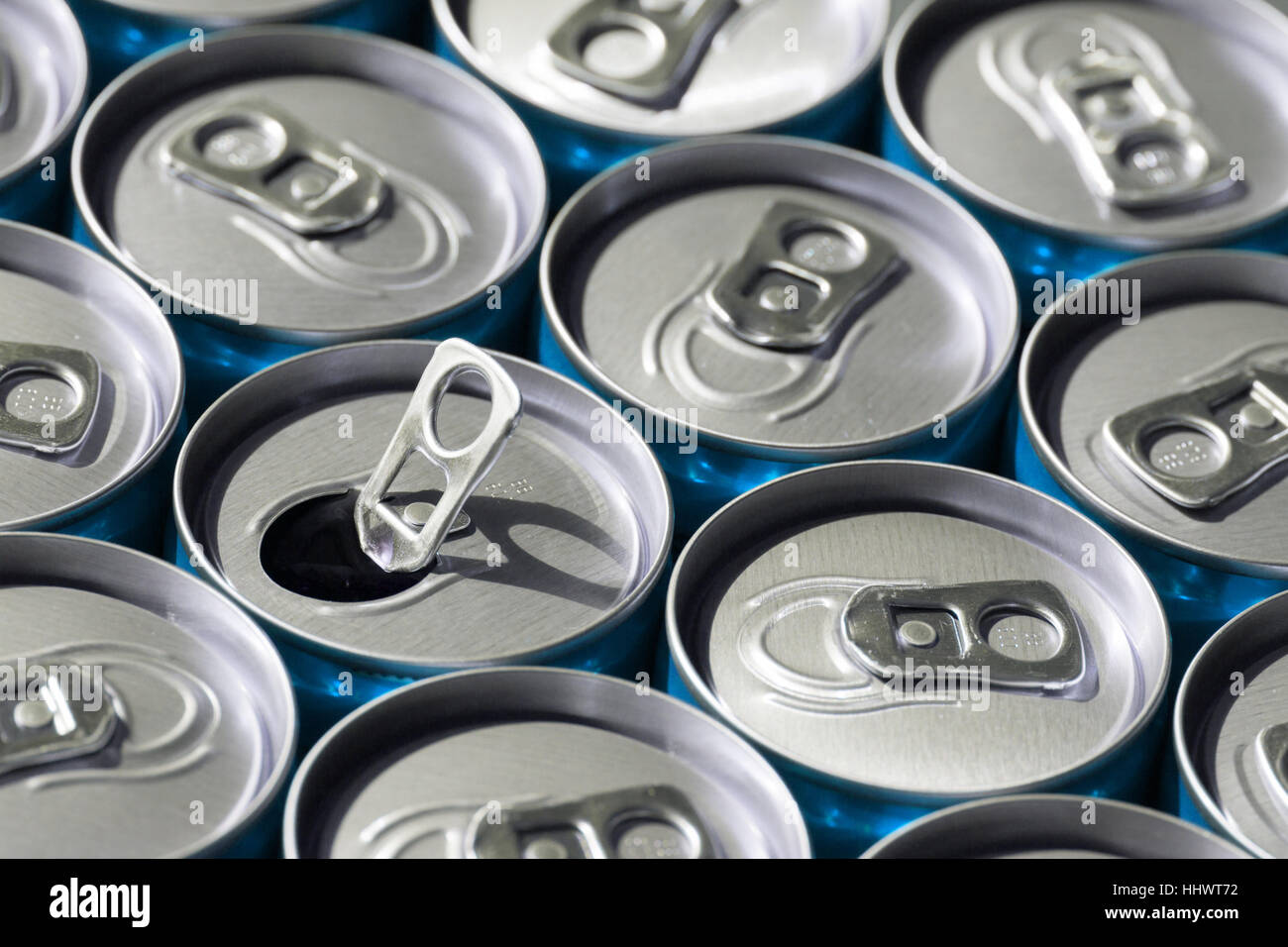 Red soda cans, top view, with one opened Stock Photo - Alamy