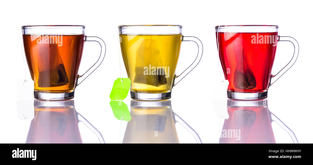 Collage with Three types of Tea with tea-bag isolated on white ...
