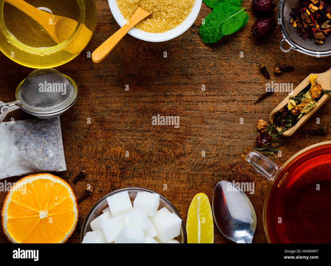 Top view of Tea and Tea Ingredients arranged as a frame with copy-space ...