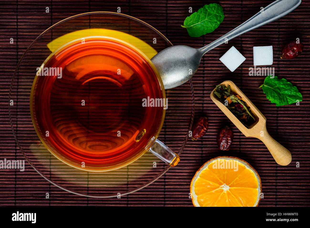 Top View of Black-tea in glass-cup with dried Fruits Stock Photo - Alamy