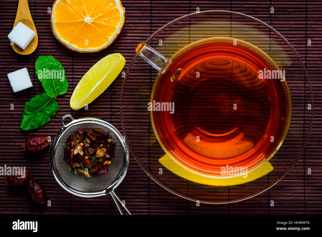 Cup of black tea with some tea ingredients in Top-down view Stock Photo ...