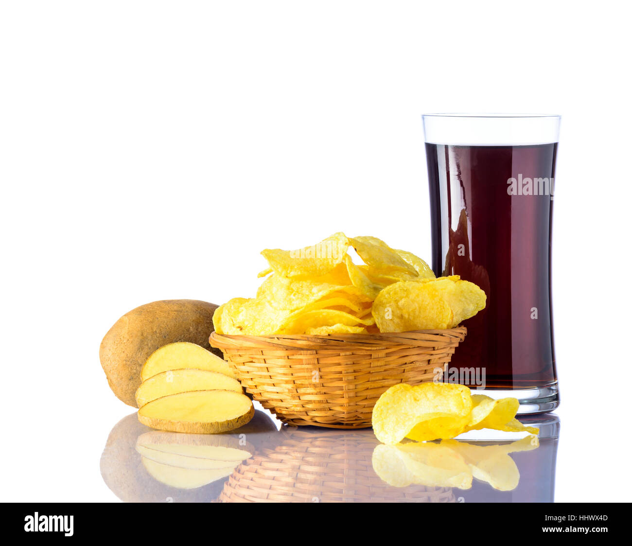 Cola in Glass and Potato-Chips isolated on white background Stock Photo ...
