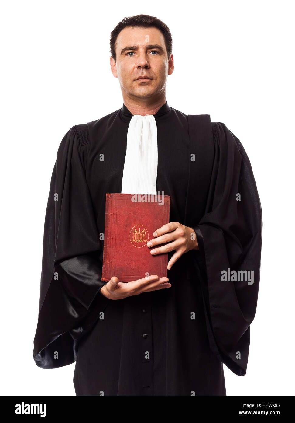 one caucasian lawyer man showing law book in studio isolated on white ...