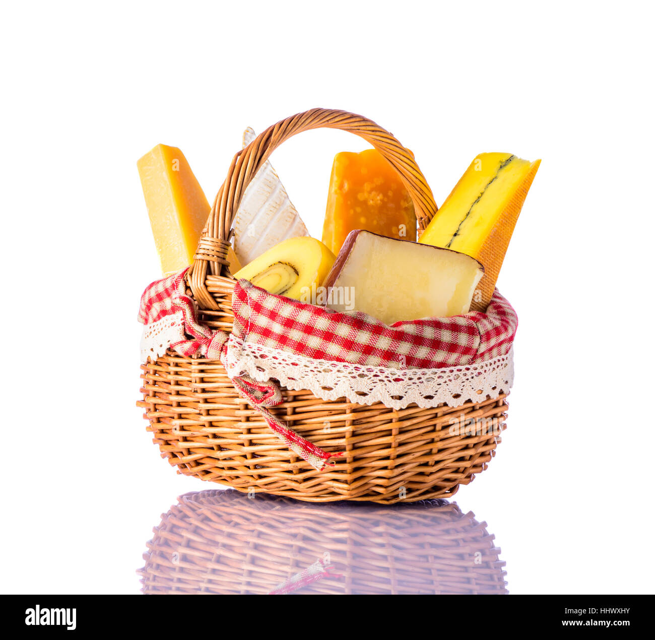 Basket full with parmesan, emmental swiss cheese and morbier on white ...