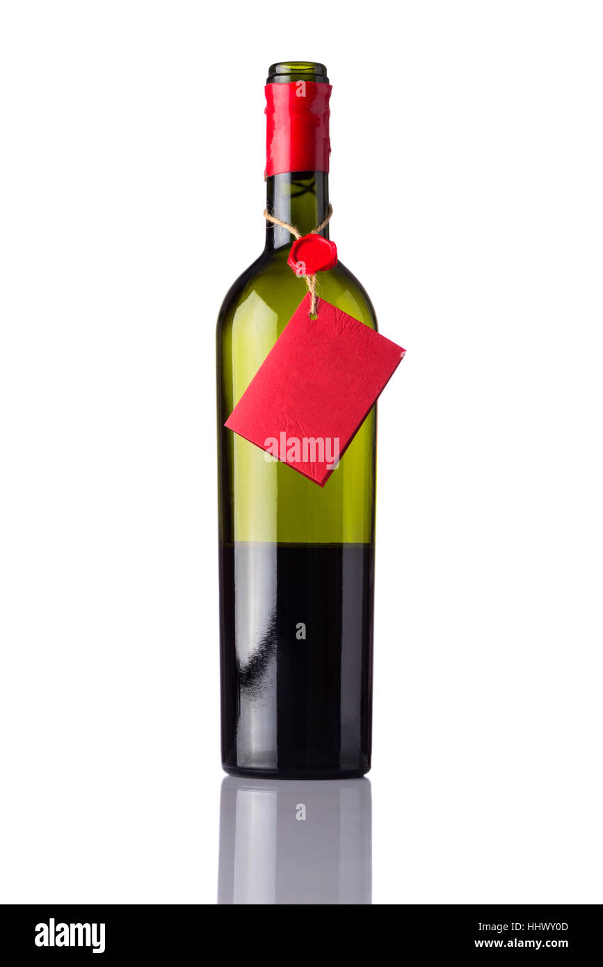 Bottle of Red white opened half full with red label isolated on white ...
