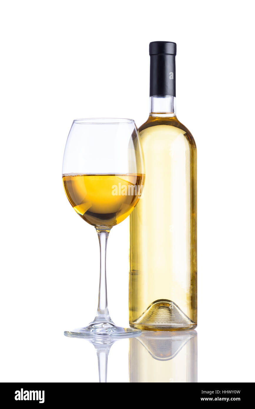 Glass and Bottle White Wine isolated on white background with ...