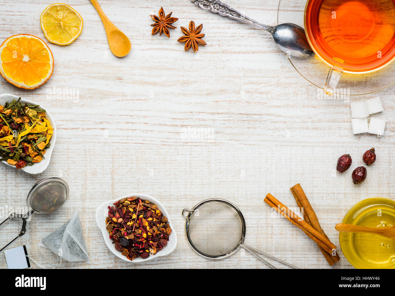 Tea ingredients and utensils in frame with copy space Stock Photo - Alamy