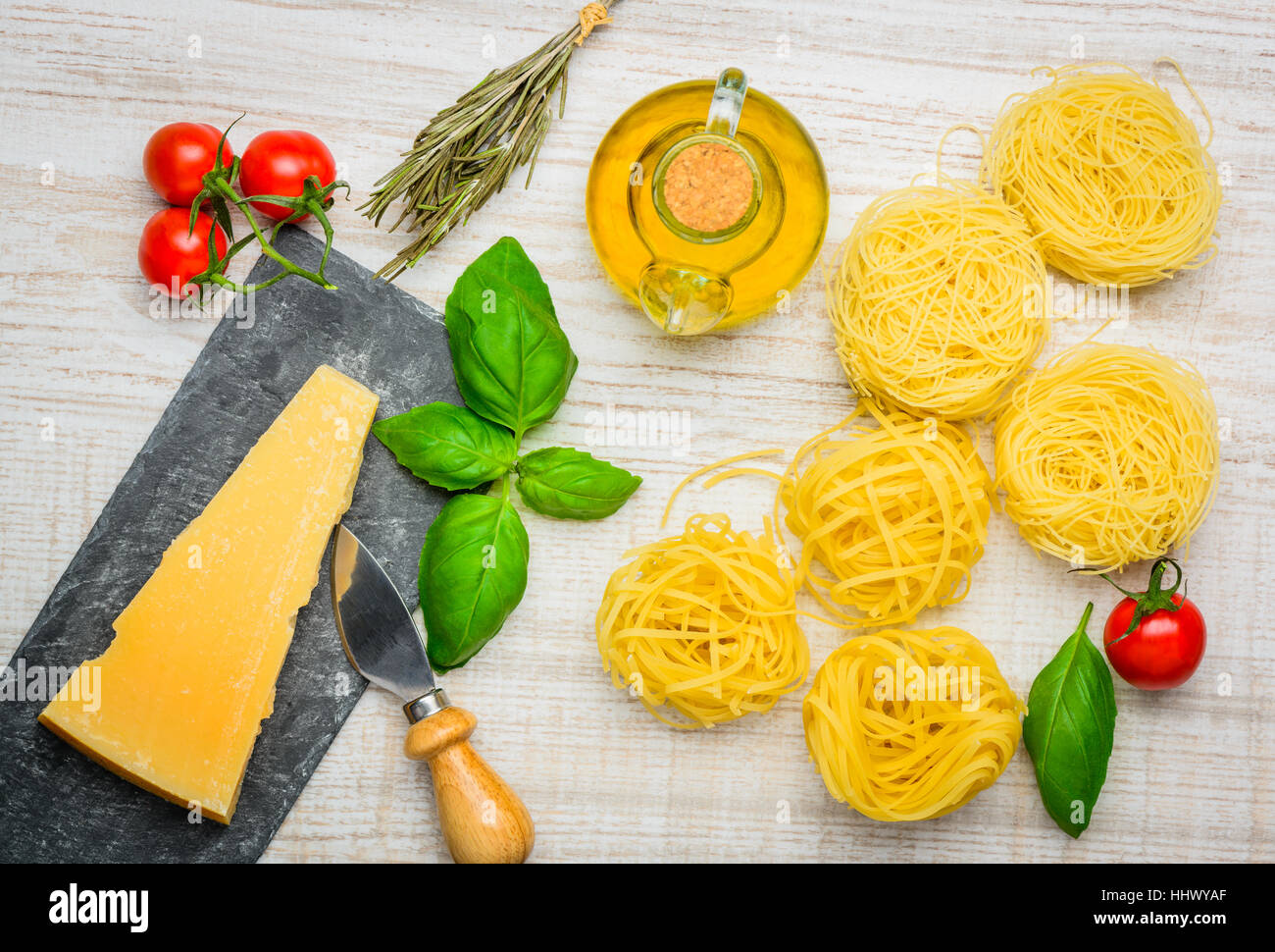 Italian Food, Yellow Tagliatelle Pasta and Parmigiano Regiano Parmesan ...
