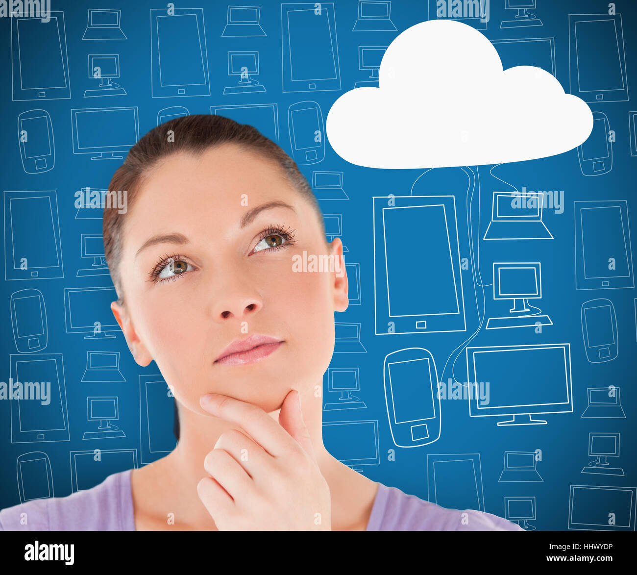 Woman thinking about cloud computing on blue background with media ...