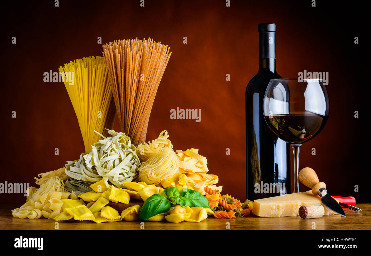 Italian Food cuisine with Red Wine and Different Types of Pasta Stock ...