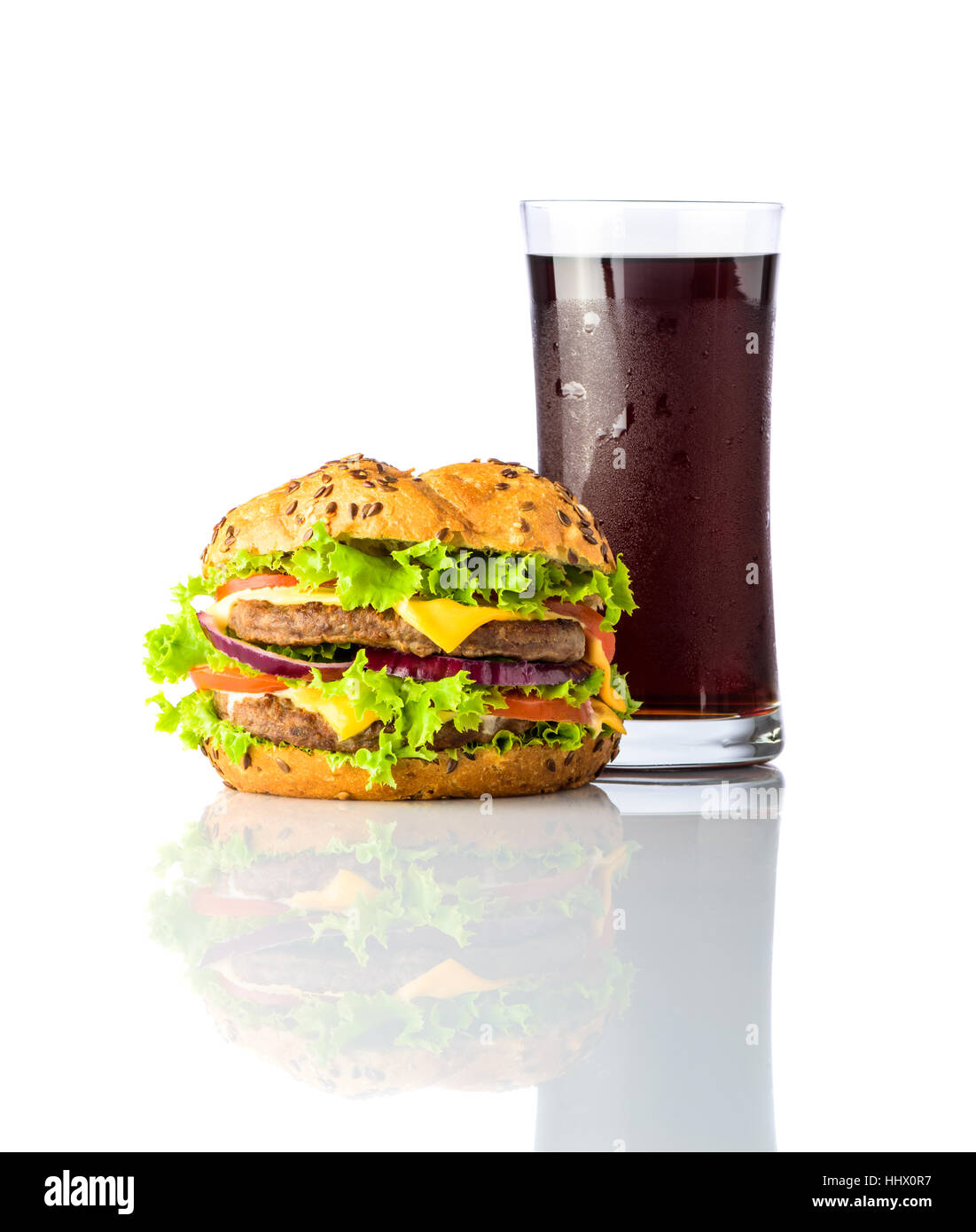 Burger Sandwich with glass of Cold Cola. Fast food on White Background ...