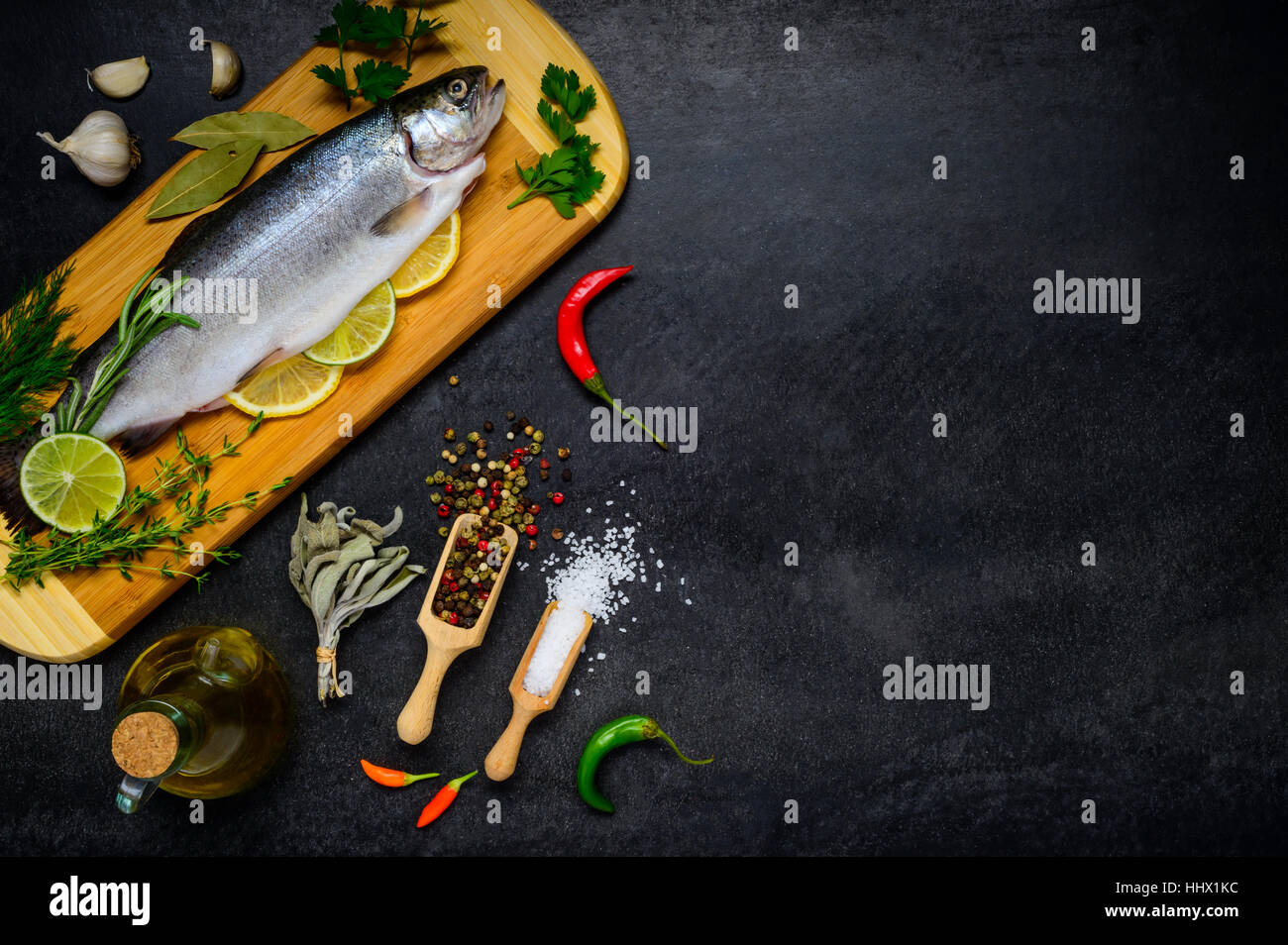 Freshwater Trout Fish with cooking ingredients and Copy Space Area ...