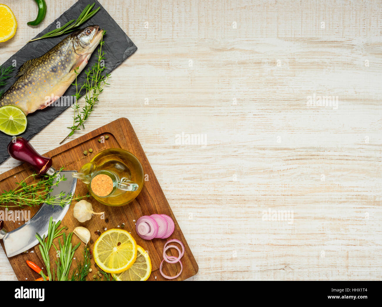 Rainbow Trout Fish with Cooking ingredients, herbs, spices and ...