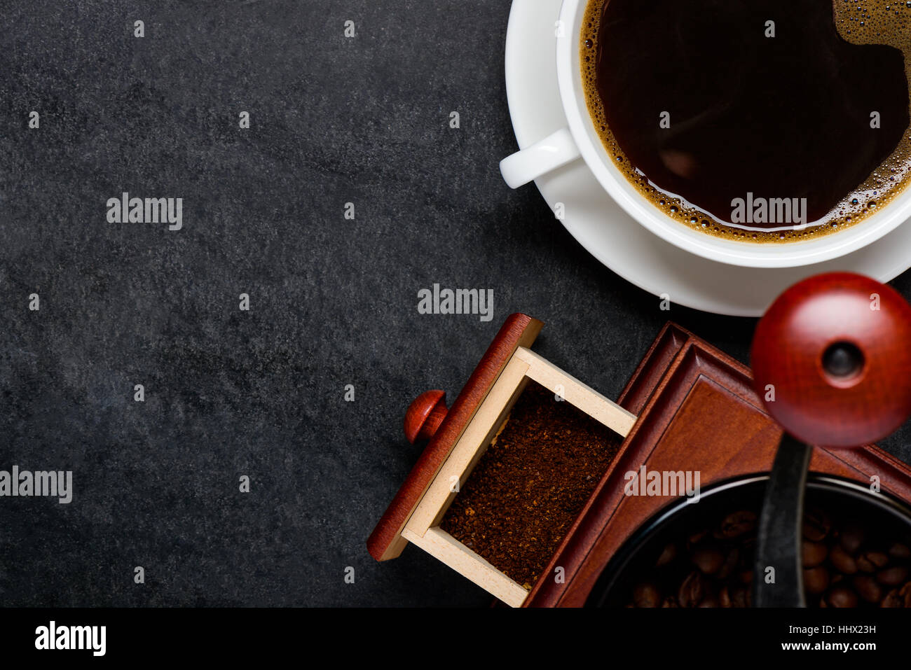 Coffee Grinder and Cup of Hot Coffee with Copy Space Area Stock Photo ...