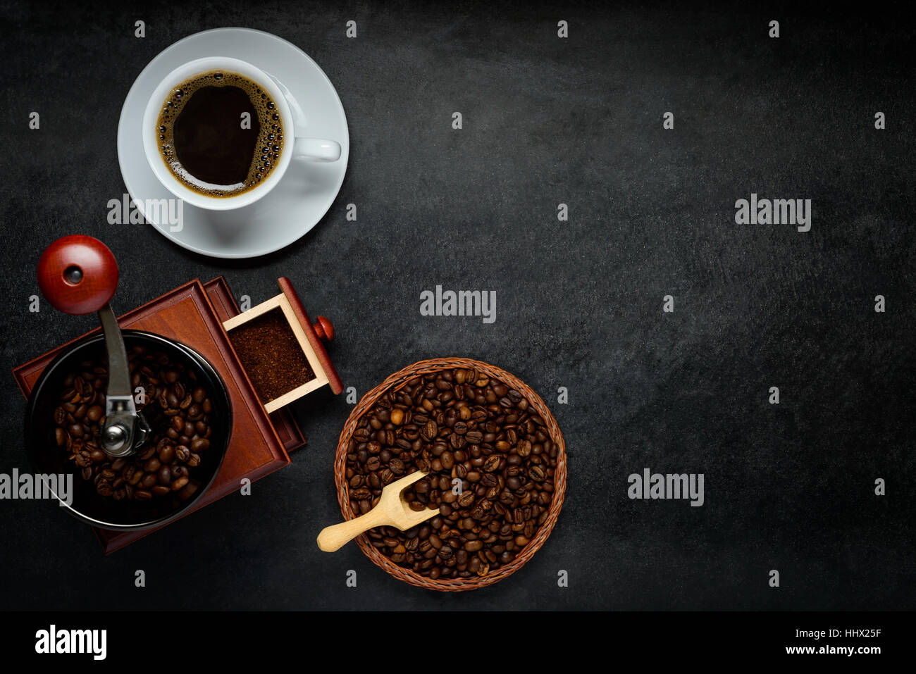 White Coffee Cup with Grinder, beans and on Copy Space Area Stock Photo ...